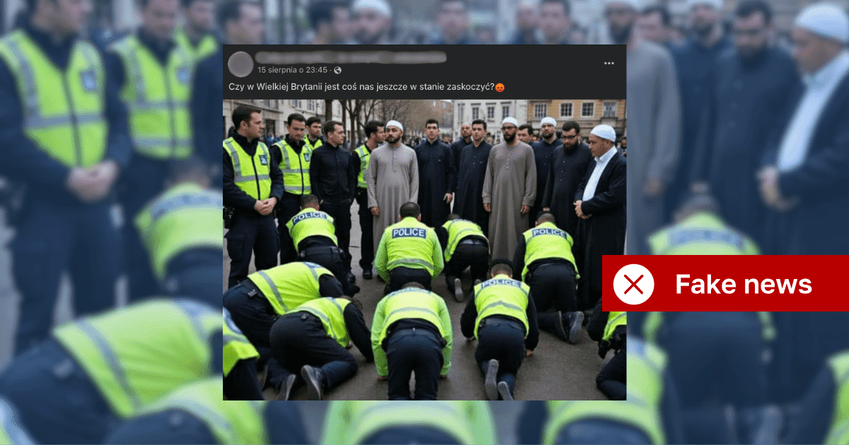 Brytyjscy policjanci klęczą przed muzułmanami? Obraz stworzyła AI